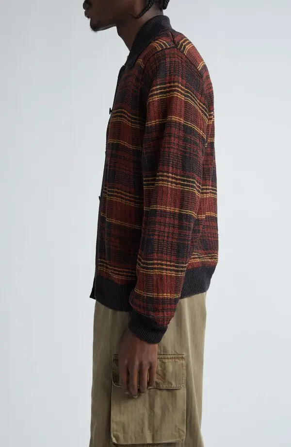 Our Legacy Evening Polo Intarsia Check Hemp Cardigan In Rust